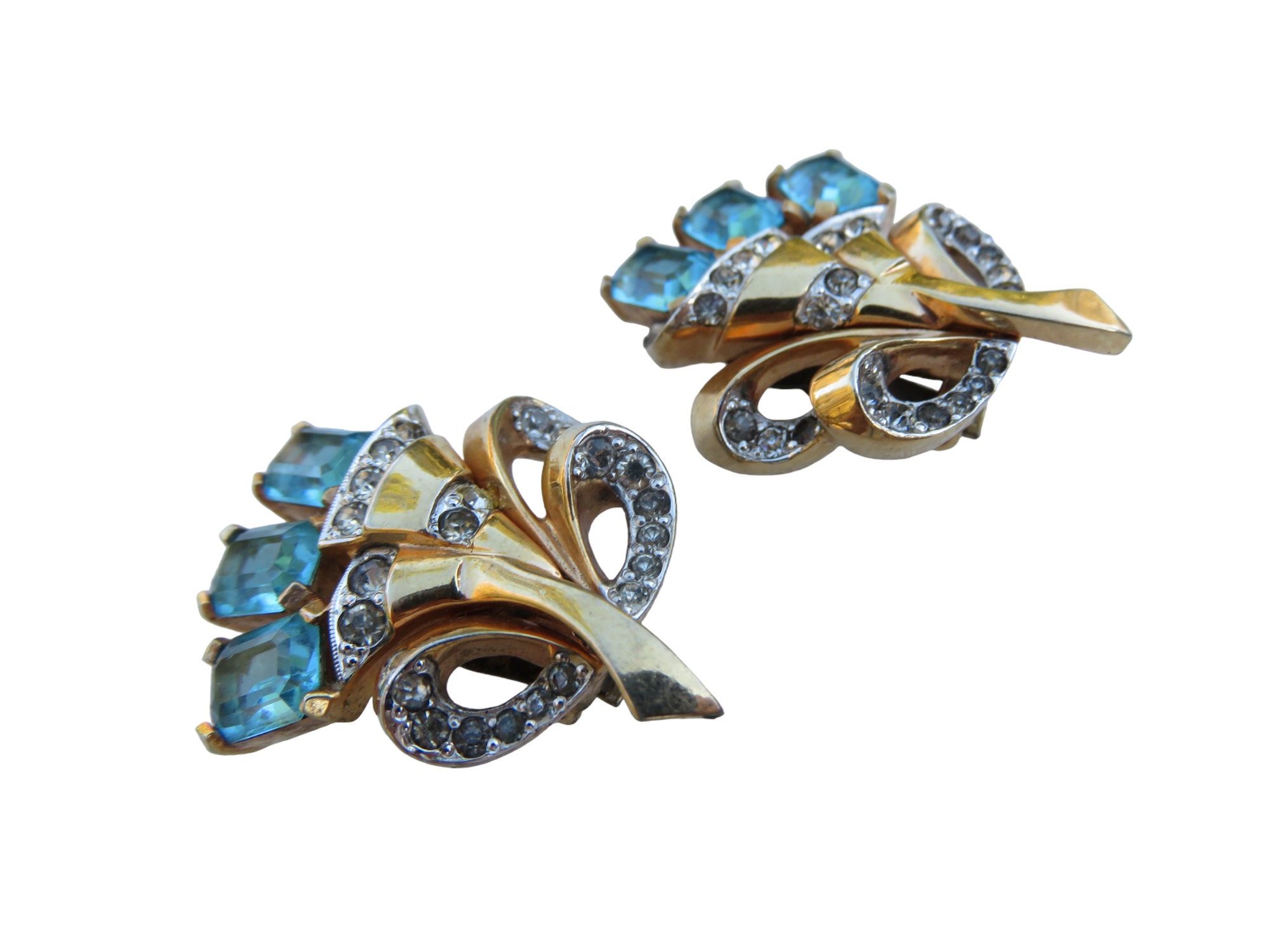 Mazer Blue Floral Rhinestone Vintage Clip Earrings - Etsy