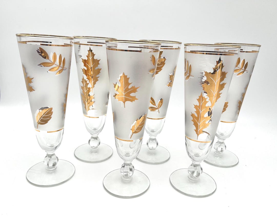 Libby Gold Leaf Frosted Champagne Flutes Pilsner Set 6 MCM Vintage - Etsy
