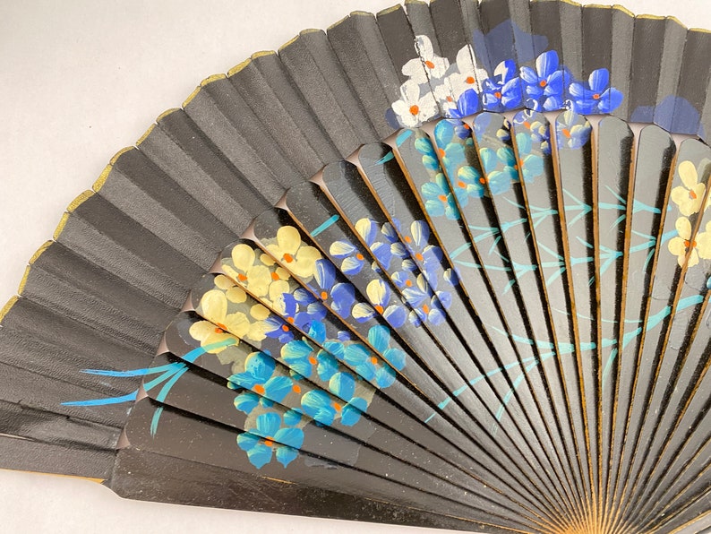Hand Painted Wooden Fan. Black With Blue Flowers - Etsy