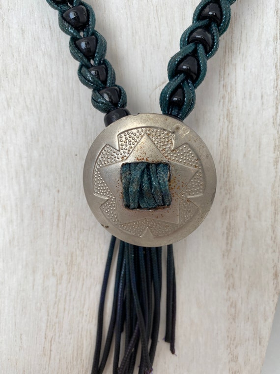 Native American Concho Necklace. Green Cord with Silv… - Gem