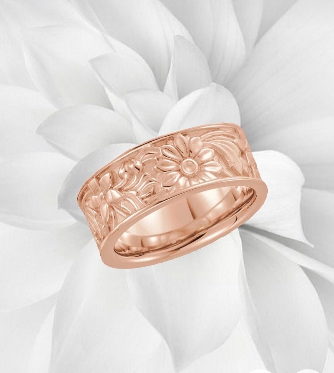 Flower Band Ring Solid 10k 14k 18k Rose Gold for Women Men Unisex ...