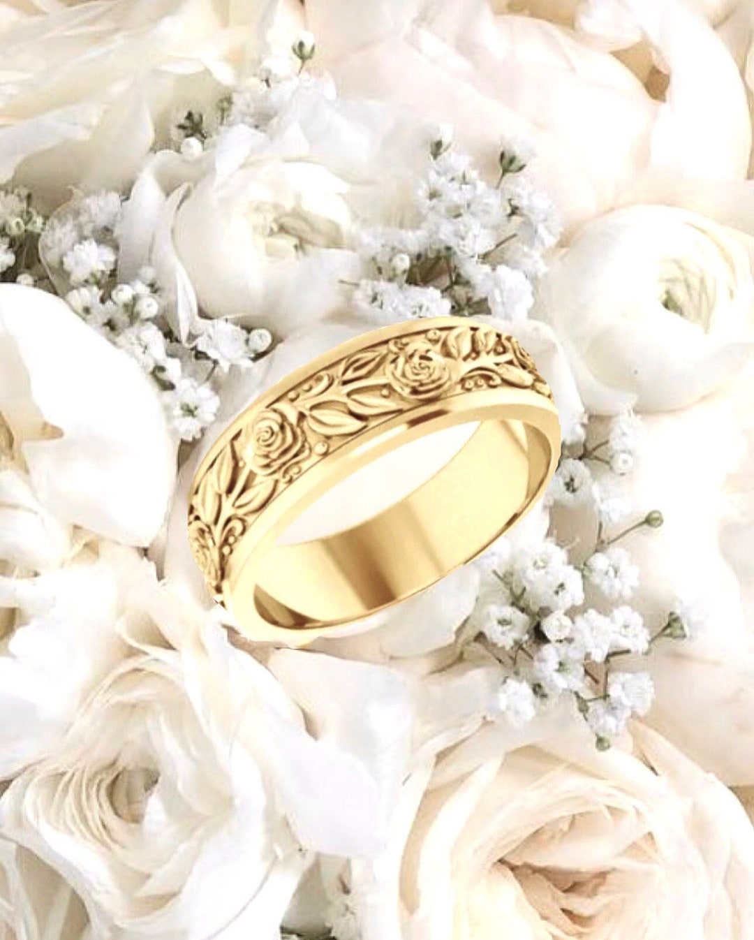 Flower Engraved Sculpted Wedding Band Ring ROSE for Women Men Unisex in ...