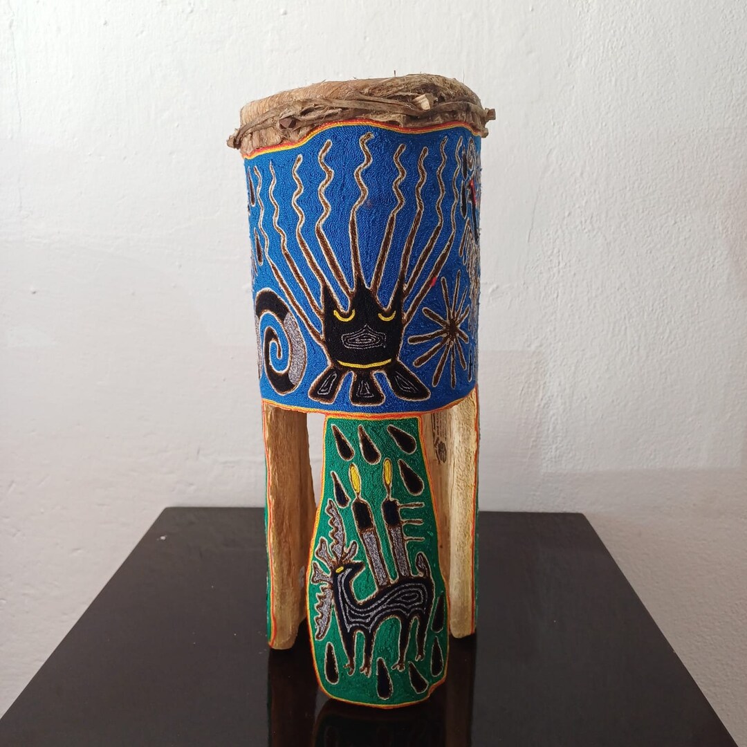 Drum Huichol Mexican Folk Art Yarn Decorated by Silverio Gonzalez Rios ...