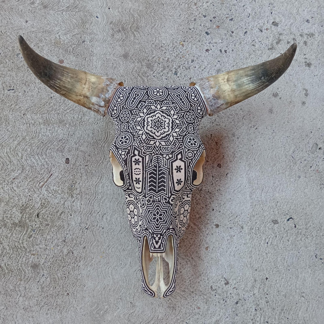Huichol Bead Art Mexican Folk Art, Bull Skull by Mayola Villa Lopez ...