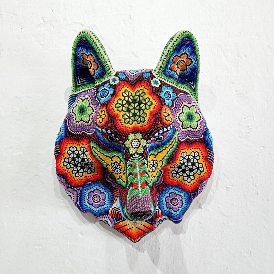 Hand Beaded Huichol Mexican Folk Art Wolf Head by Morelia Lopez PP6973 ...