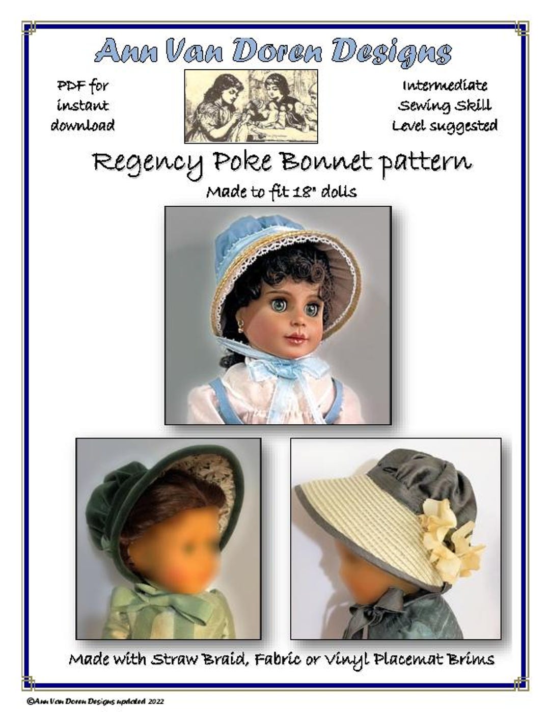 PDF Pattern for Regency Style Poke Bonnet Designed to Fit 18" Dolls - Etsy