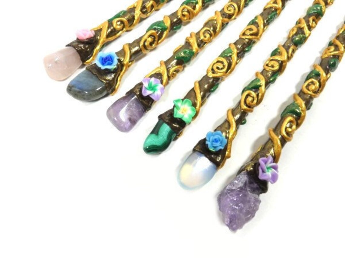 Crystal Flower Magic Wands 13.75 Inches Brown Magic Wand Warlock Wand ...