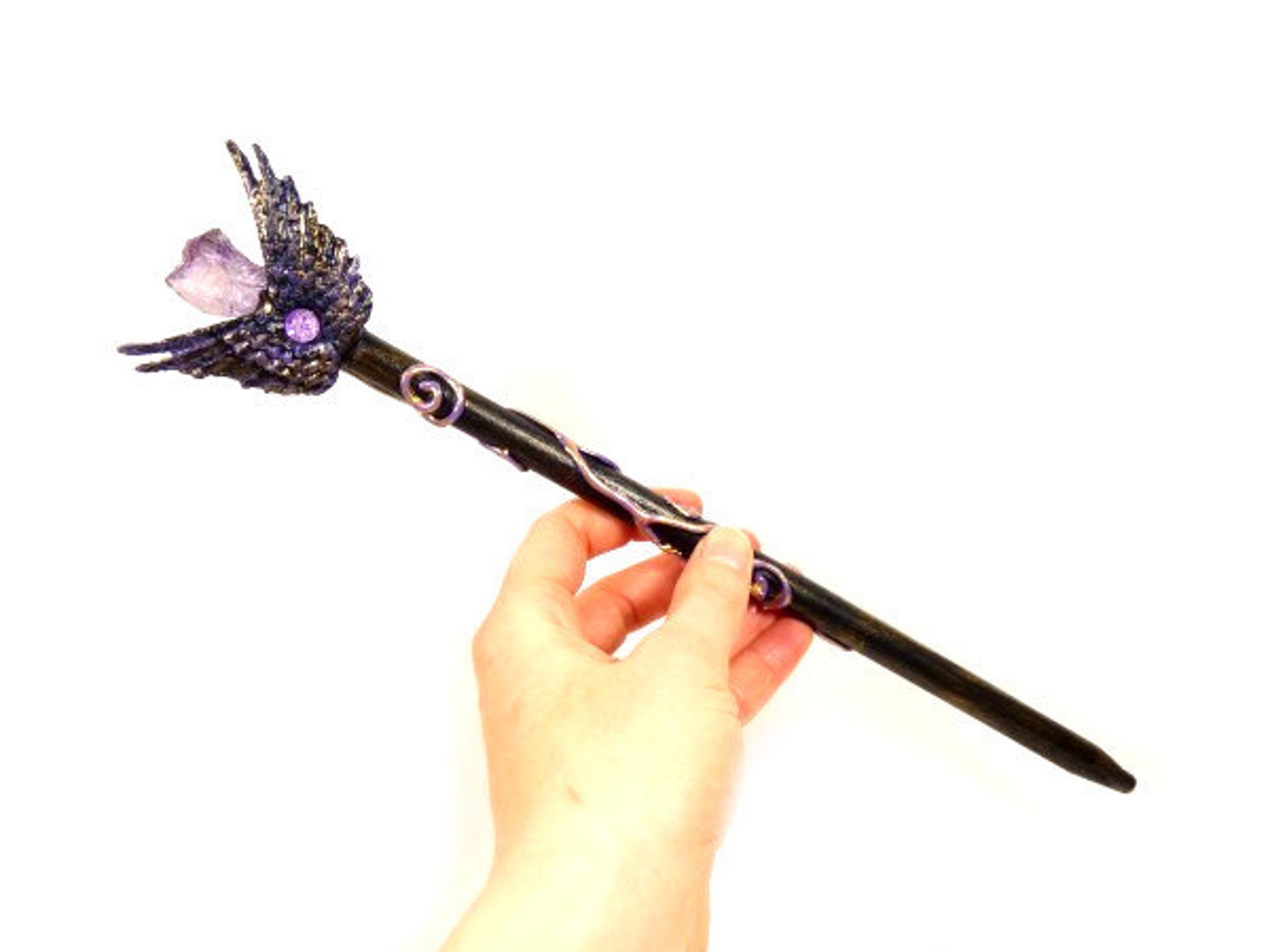 12.5 Inch Amethyst Crystal Angel Wand Black Gold Magic Wand | Etsy