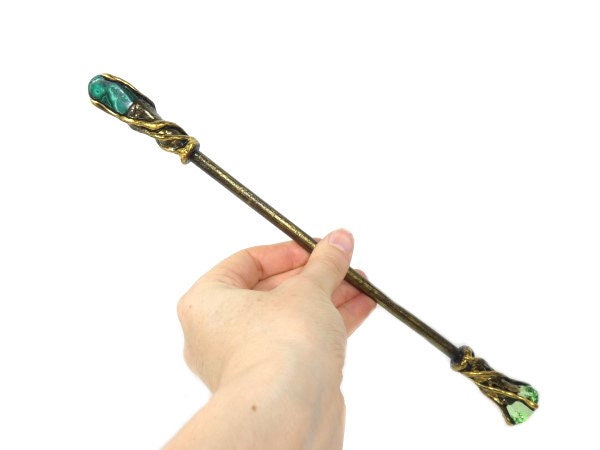Malachite Magic Wand Black Gold Magic Wand Warlock Wand - Etsy