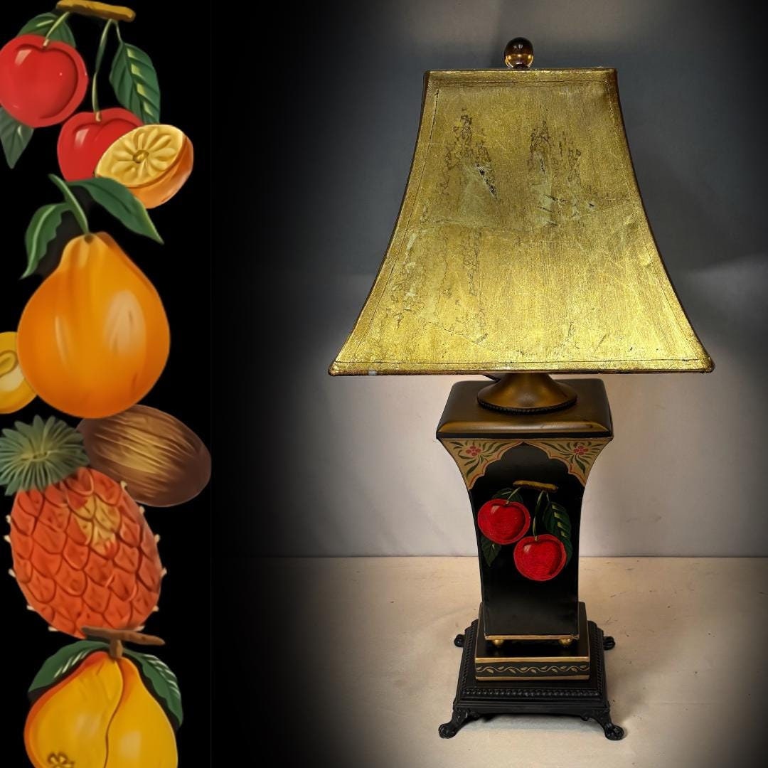 28'' Hand-painted Metal Tole Lamp With Gold Leaf Lampshade – Artisan ...