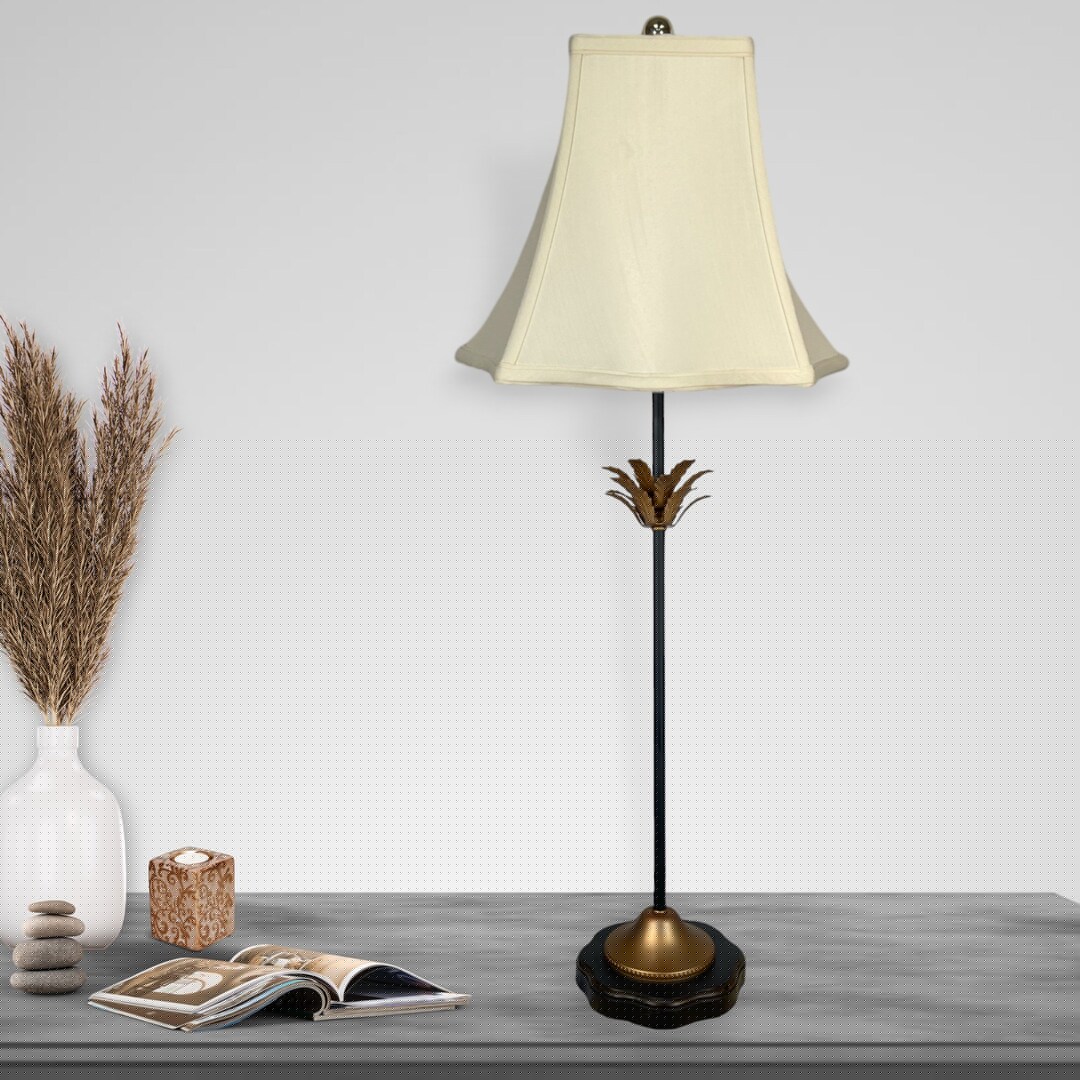 Royal Designs, Inc. 24" Black and Gold Round Base Lamp With Gold Leaf ...