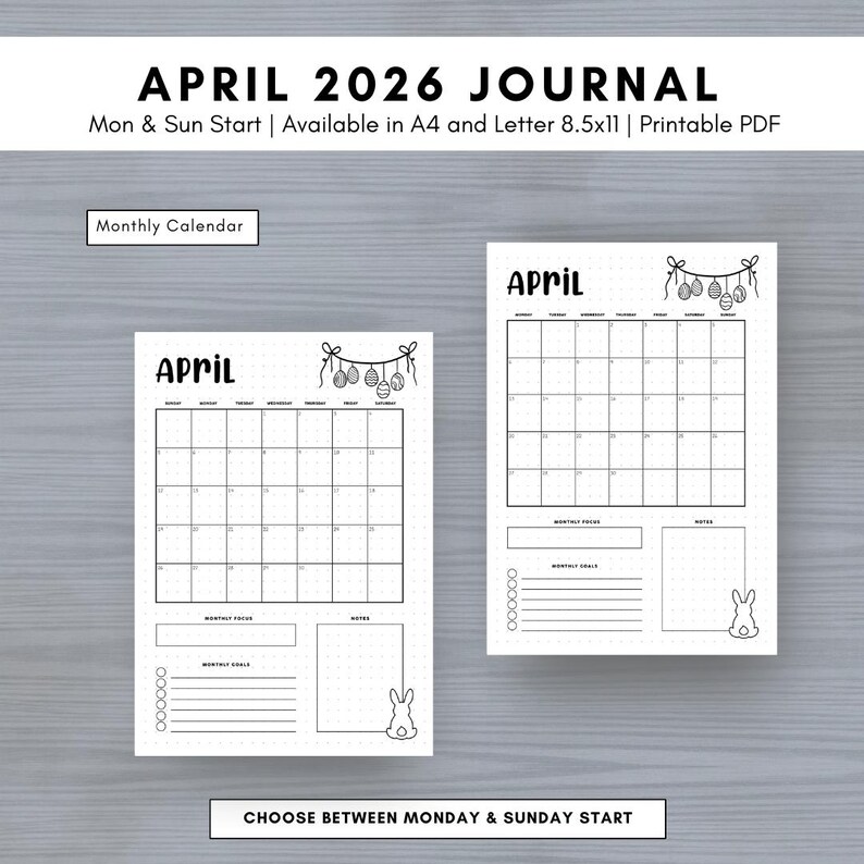 April 2026 Printable Journal Bullet Easter Themed Monthly Calendar ...