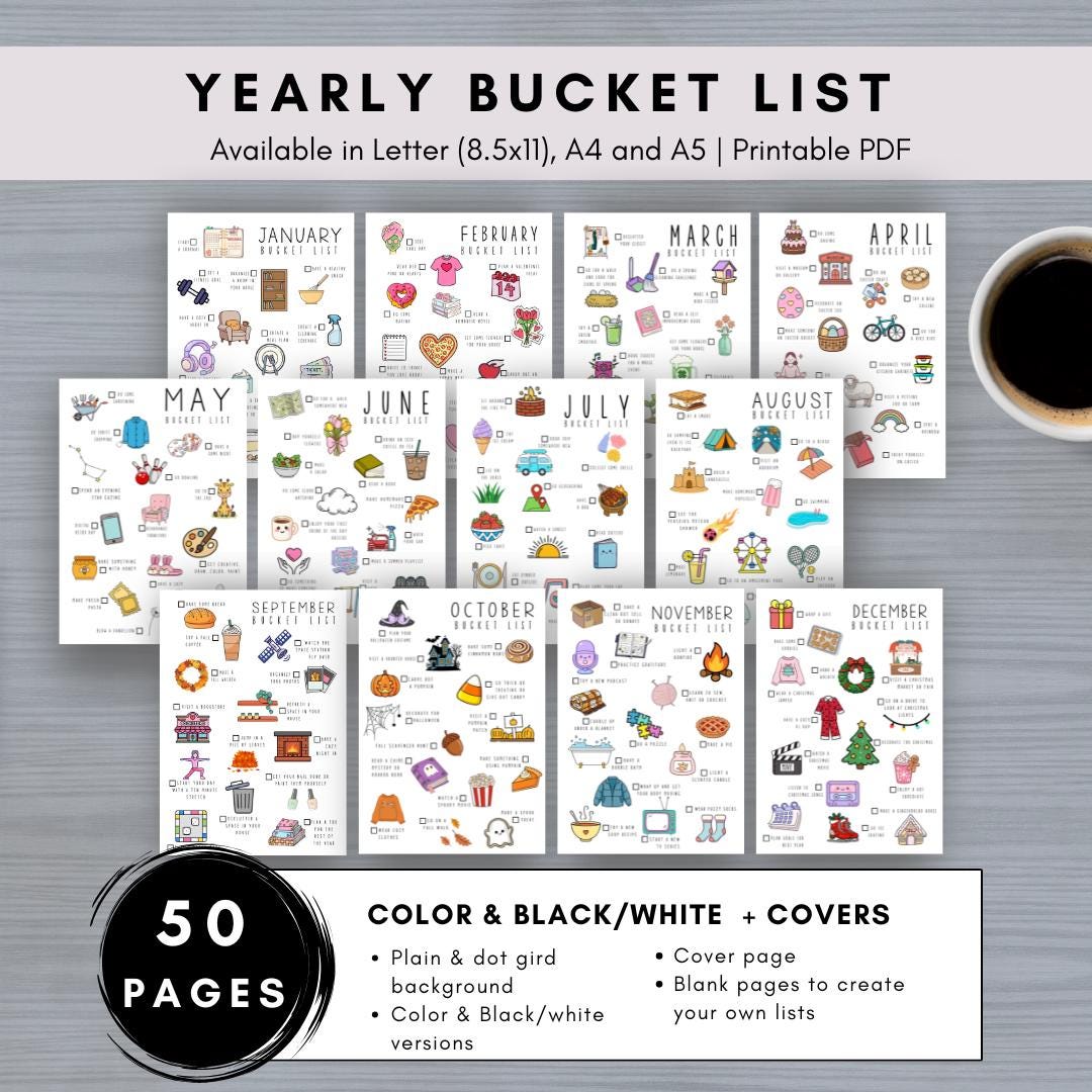 12 Monthly Bucket List Journal Bullet Yearly to Do List Template Spring ...