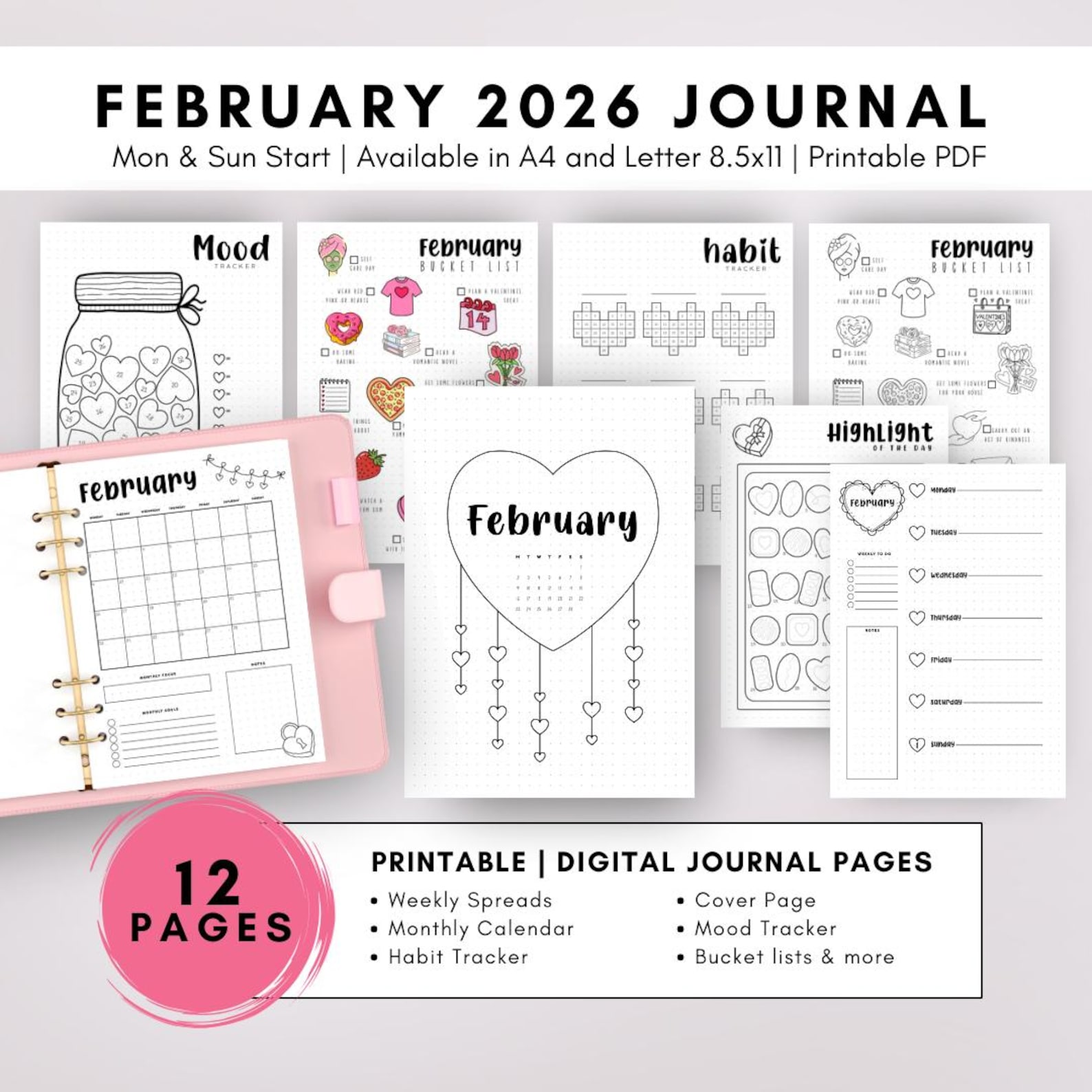 February Journal Printable 2026 Journal Bullet Valentines Themed ...