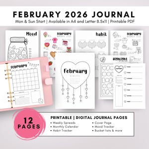 February Journal Printable 2026 Journal Bullet Valentines Themed ...