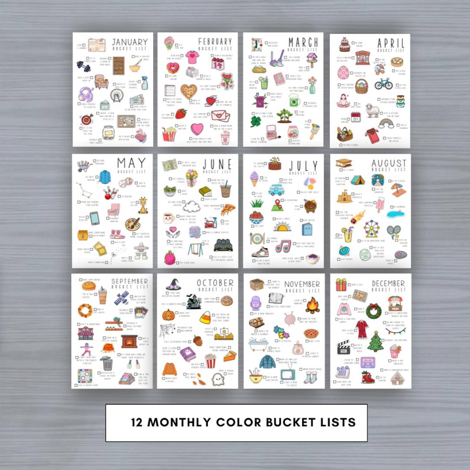 12 Monthly Bucket List Journal Bullet Yearly to Do List Template Spring ...