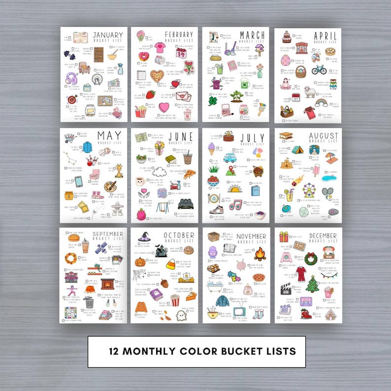 12 Monthly Bucket List Journal Bullet Yearly to Do List Template Spring ...