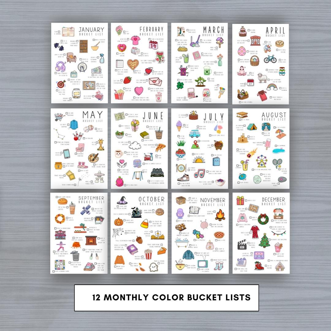 12 Monthly Bucket List Journal Bullet Yearly to Do List Template Spring ...