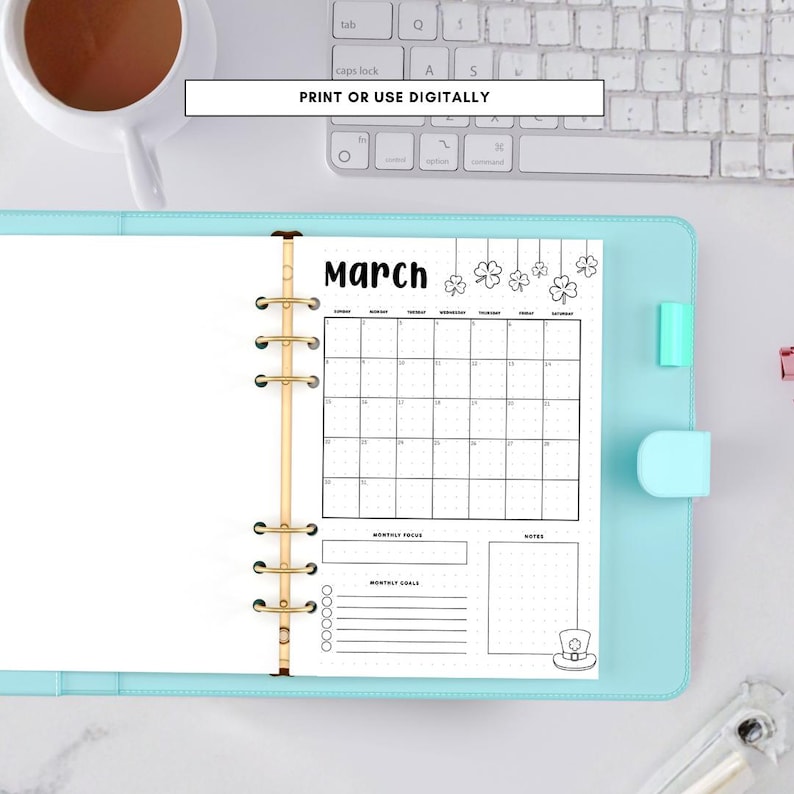 March 2026 Journal Bullet Printable March Monthly Calendar Shamrock ...