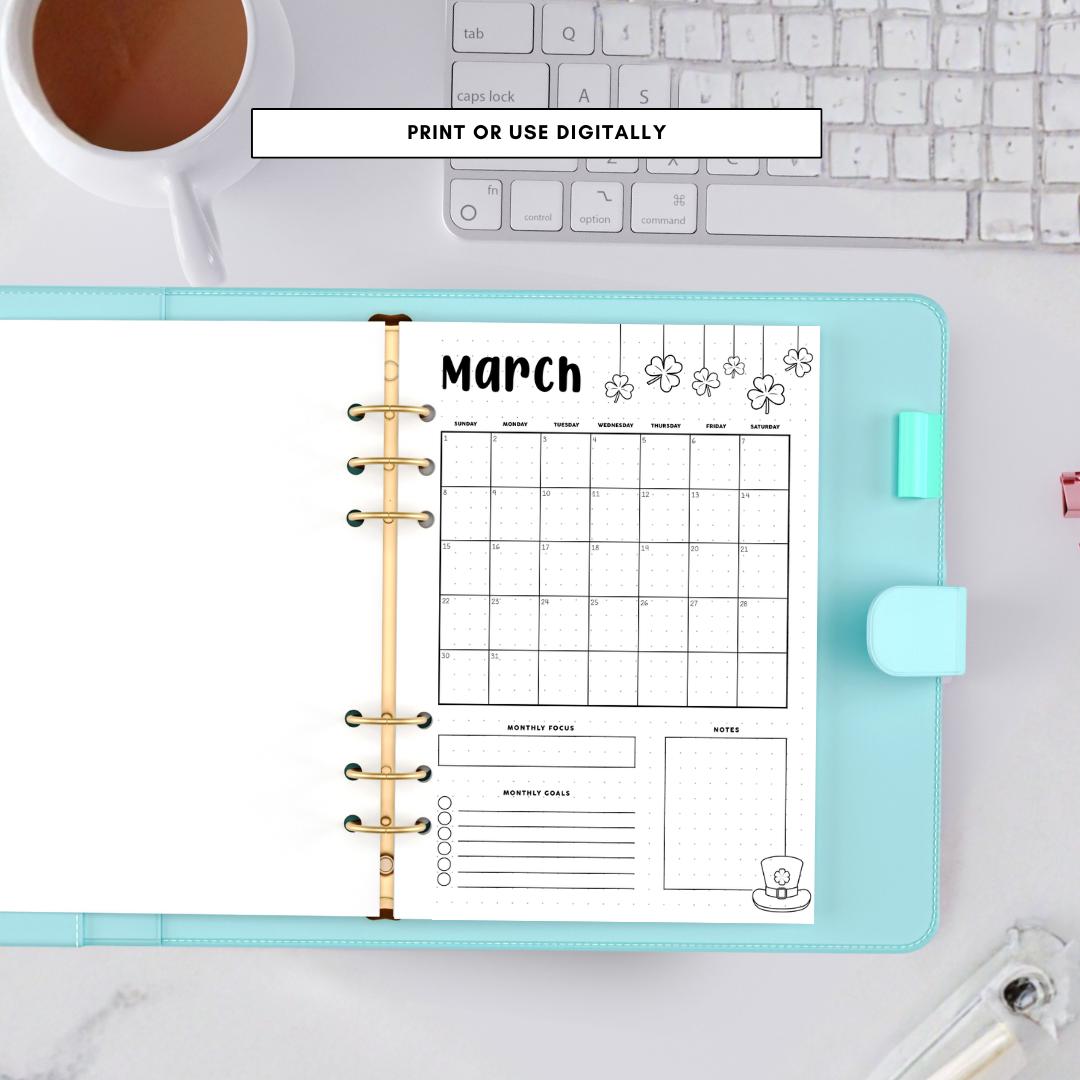 March 2026 Journal Bullet Printable March Monthly Calendar Shamrock ...