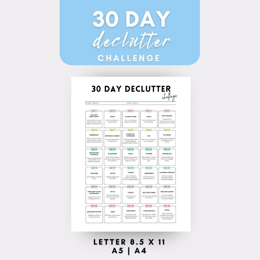 30 Day Declutter Challenge Journal Pages Cleaning Planner Decluttering ...