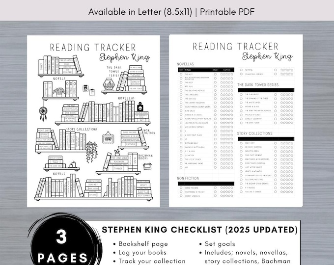 Stephen King Reading Checklist Book Tracker Novels 2025 UPDATED Bookshelf Reading Log Printable ...