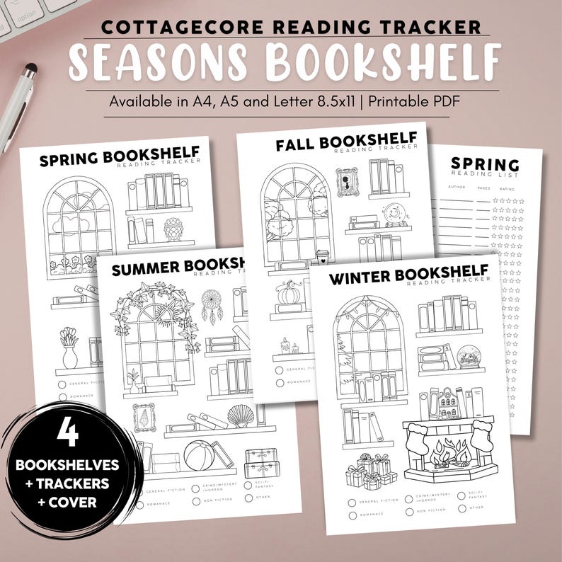 Seasonal Bookshelf Reading Tracker Cottagecore Spring Summer Fall ...