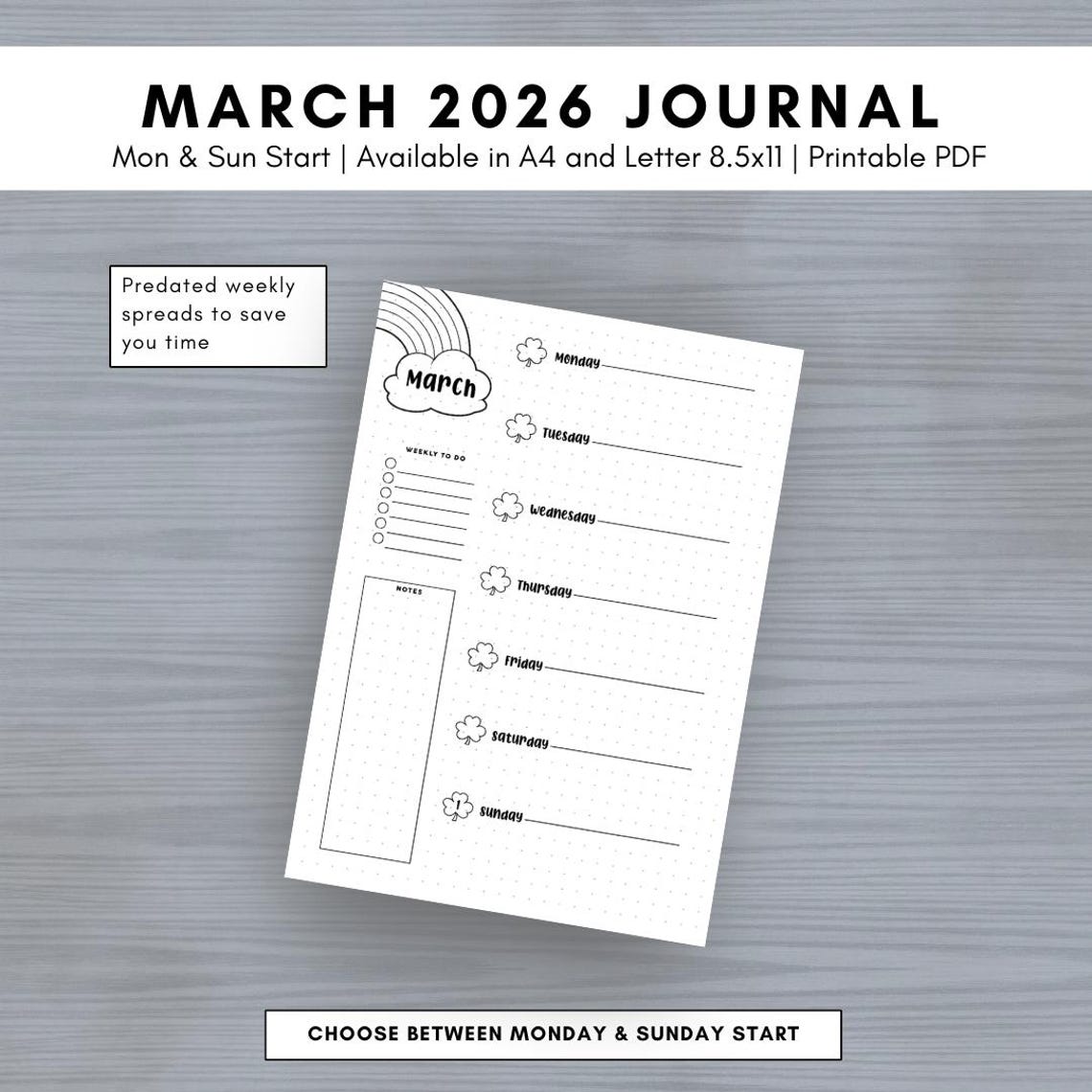 March 2026 Journal Bullet Printable March Monthly Calendar Shamrock ...
