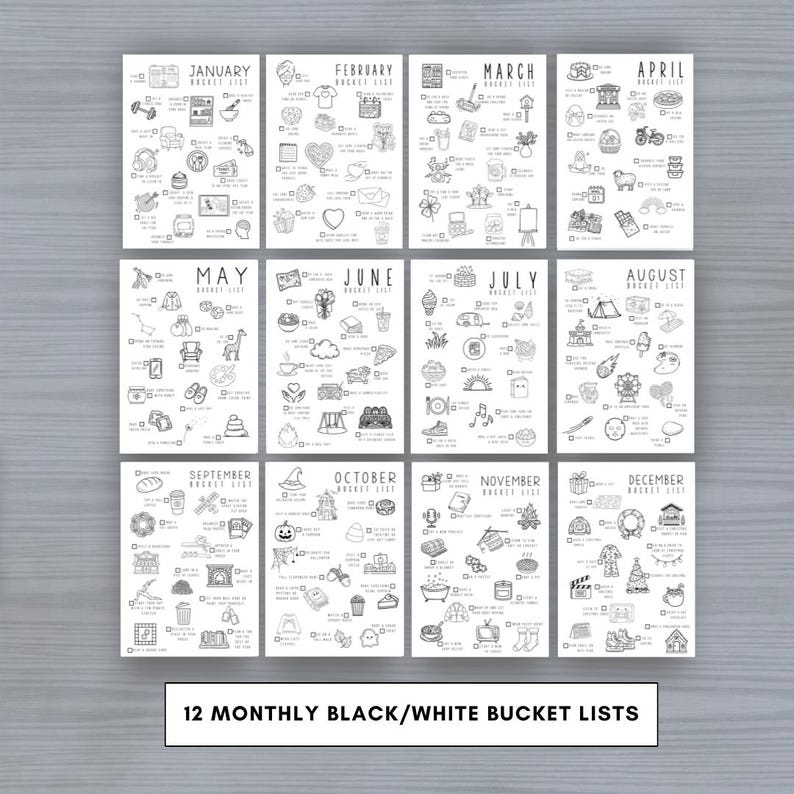 12 Monthly Bucket List Journal Bullet Yearly to Do List Template Spring ...