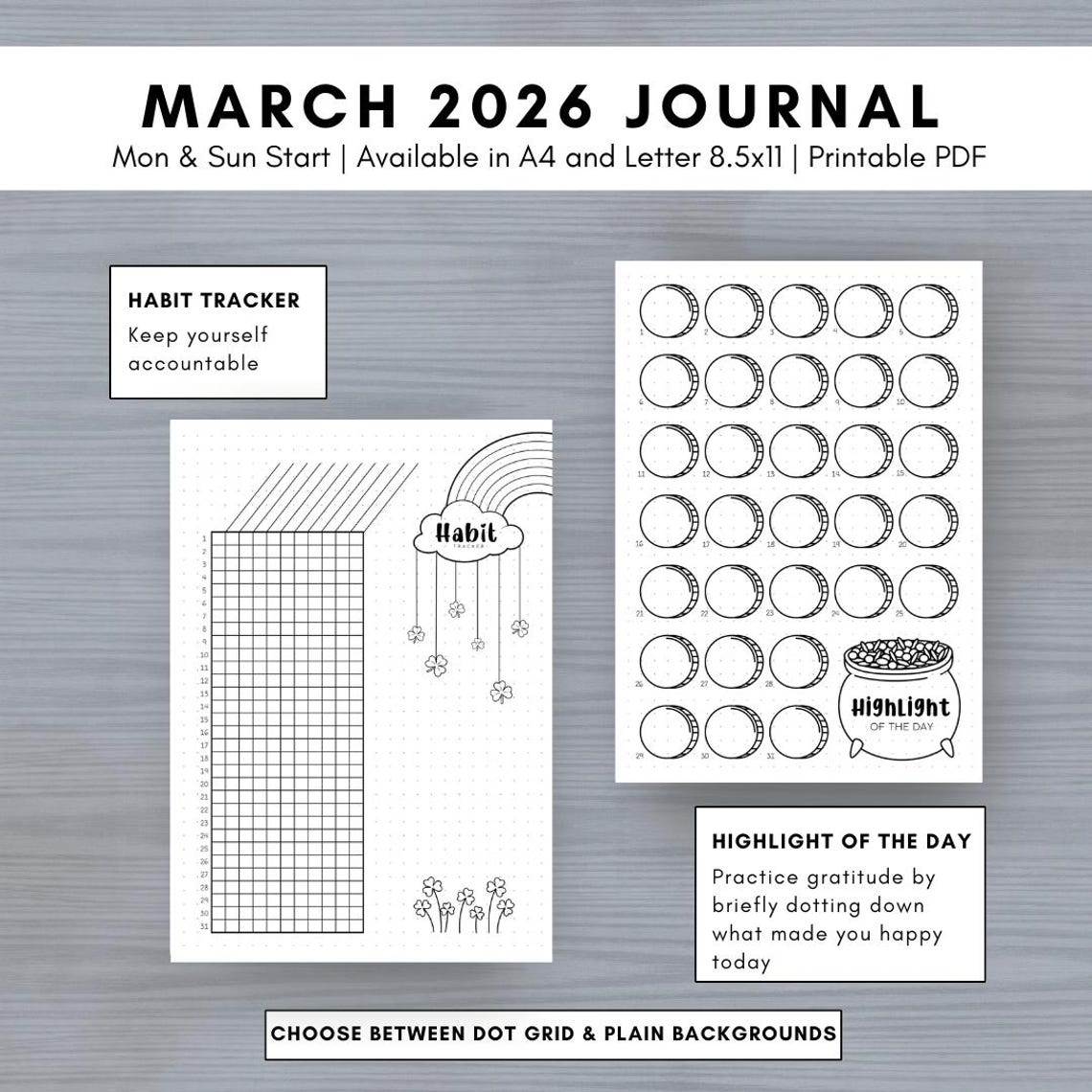 March 2026 Journal Bullet Printable March Monthly Calendar Shamrock ...