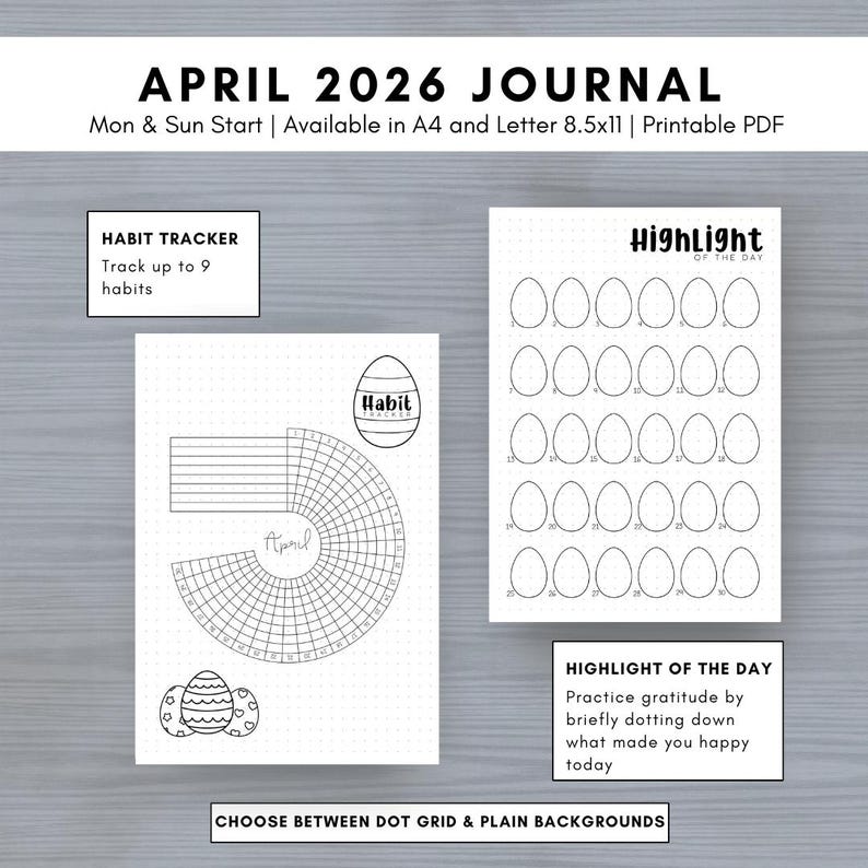 April 2026 Printable Journal Bullet Easter Themed Monthly Calendar ...