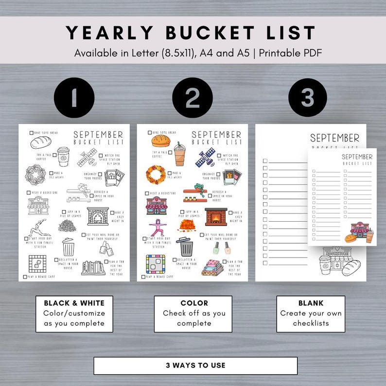 12 Monthly Bucket List Journal Bullet Yearly to Do List Template Spring ...