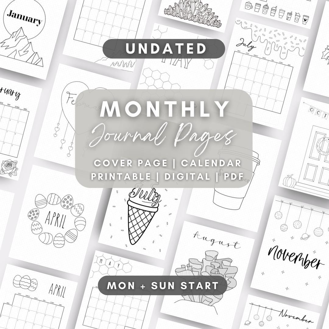 Monthly Journal Cover Pages and Calendars Bullet Planner Undated Monday ...