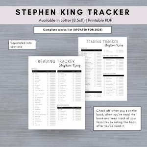 Stephen King Reading Checklist Book Tracker Novels 2025 UPDATED Bookshelf Reading Log Printable ...