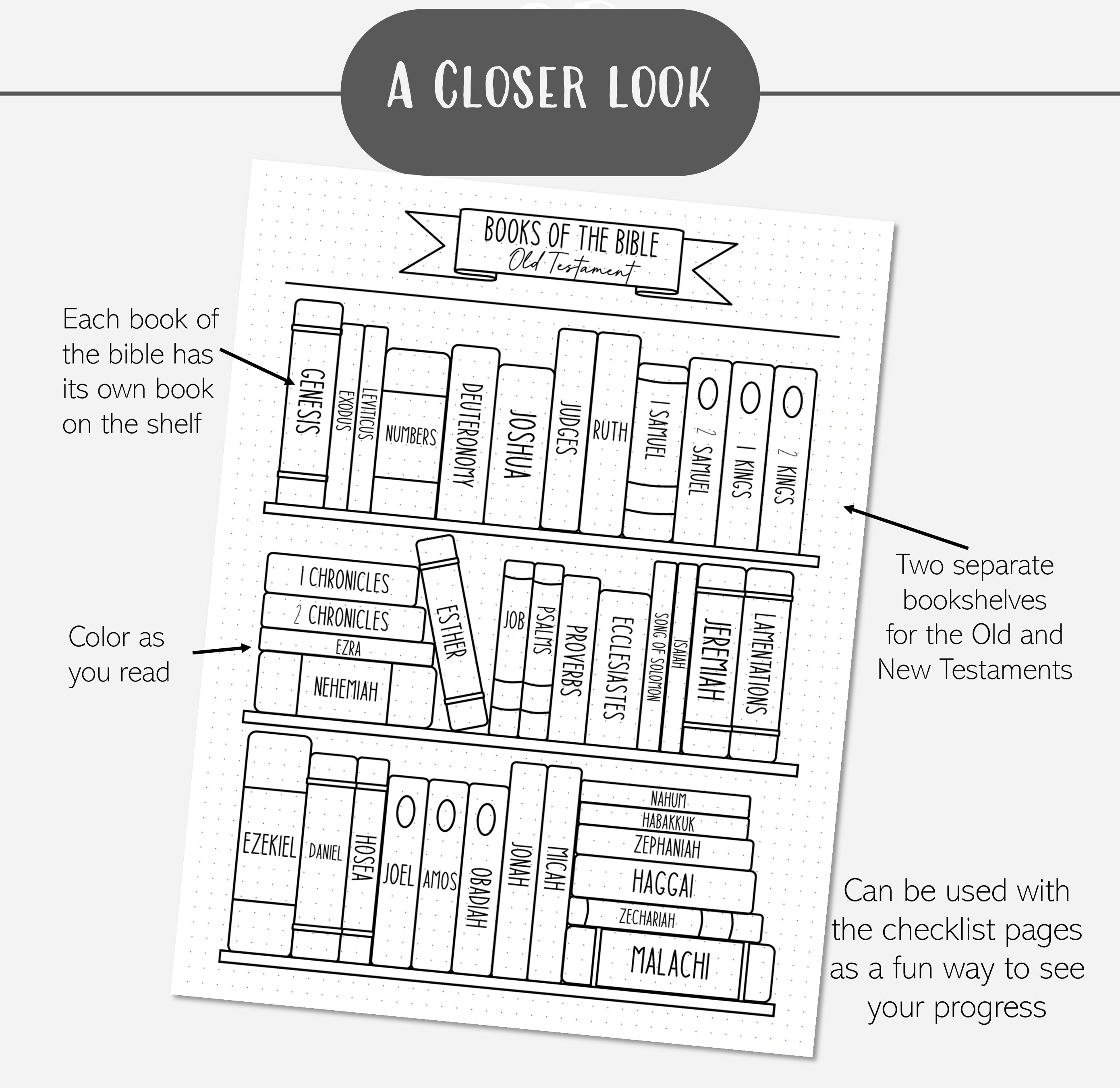 Bible Reading Checklist - Books of the Bible Bookshelf - Dot Grid - Old ...