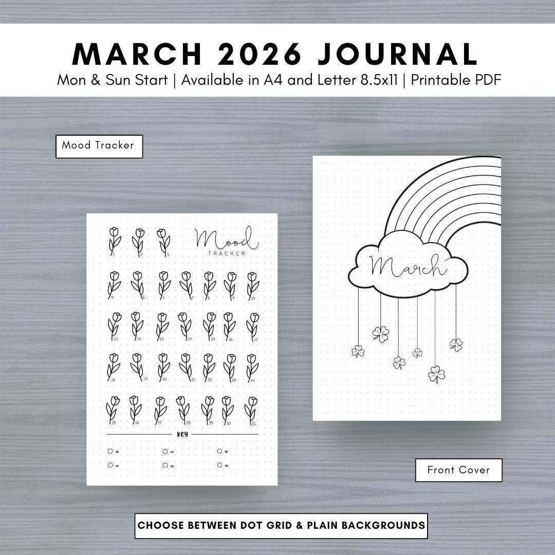 March 2026 Journal Bullet Printable March Monthly Calendar Shamrock ...