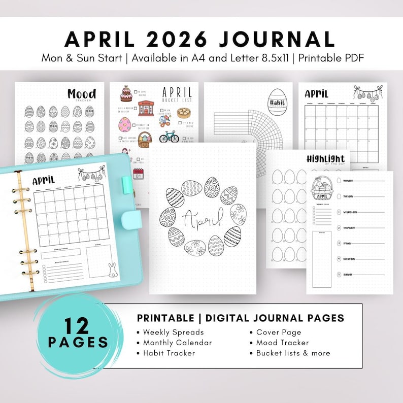 April 2026 Printable Journal Bullet Easter Themed Monthly Calendar ...