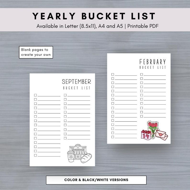 12 Monthly Bucket List Journal Bullet Yearly to Do List Template Spring ...