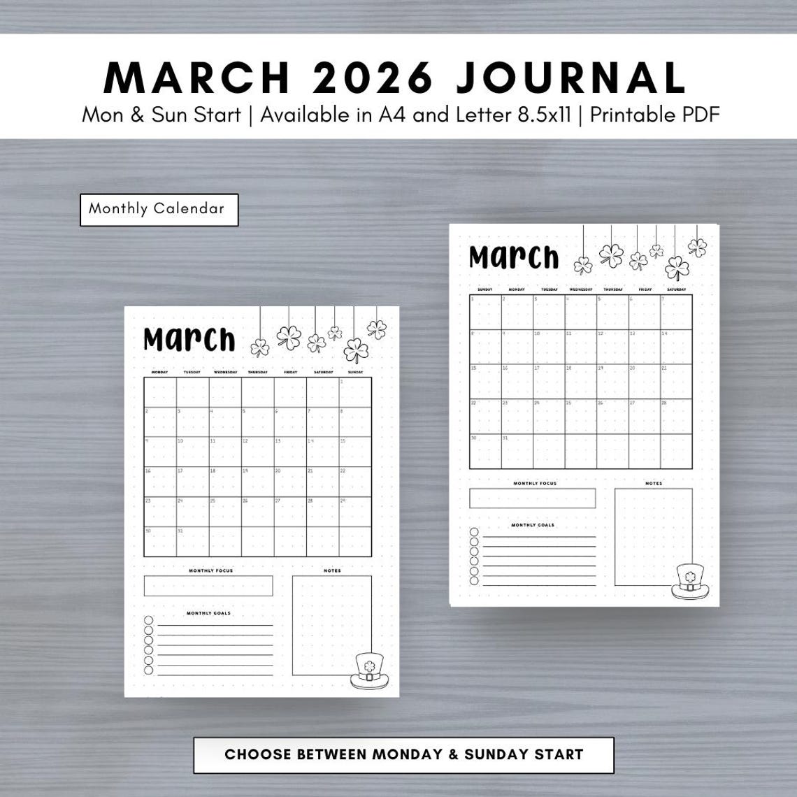 March 2026 Journal Bullet Printable March Monthly Calendar Shamrock ...