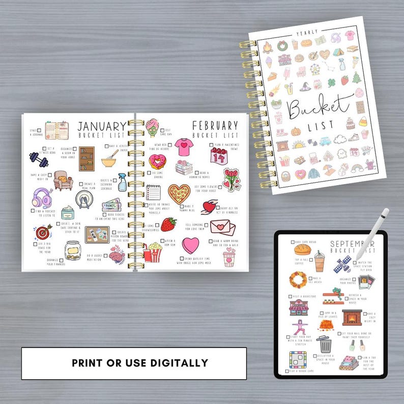 12 Monthly Bucket List Journal Bullet Yearly to Do List Template Spring ...