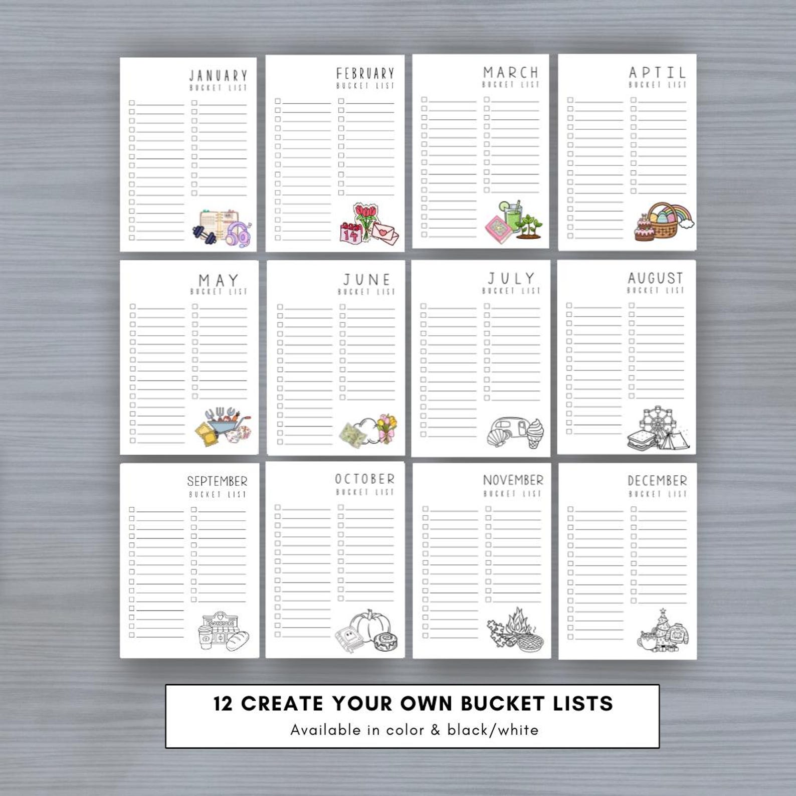 12 Monthly Bucket List Journal Bullet Yearly to Do List Template Spring ...