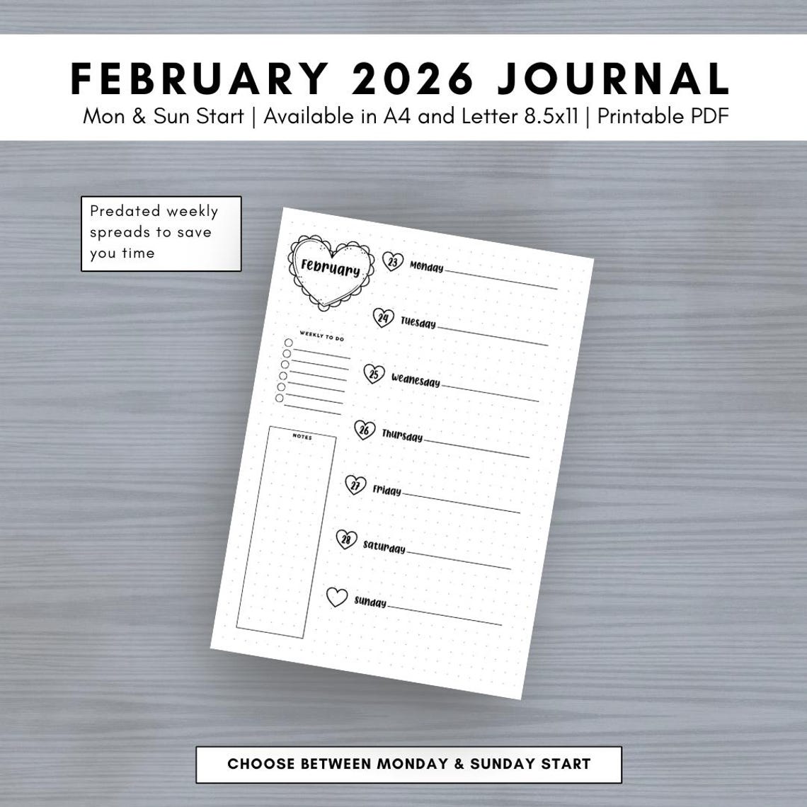 February Journal Printable 2026 Journal Bullet Valentines Themed ...