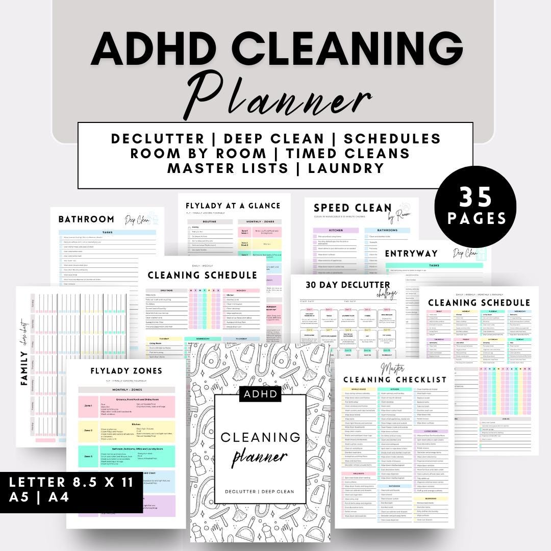 ADHD Cleaning Planner | Cleaning Schedule Weekly Monthly Yearly ...