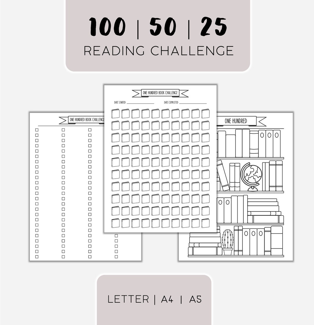 Reading Challenge - Bullet Planner Journal Pages - 100 50 25 Book ...