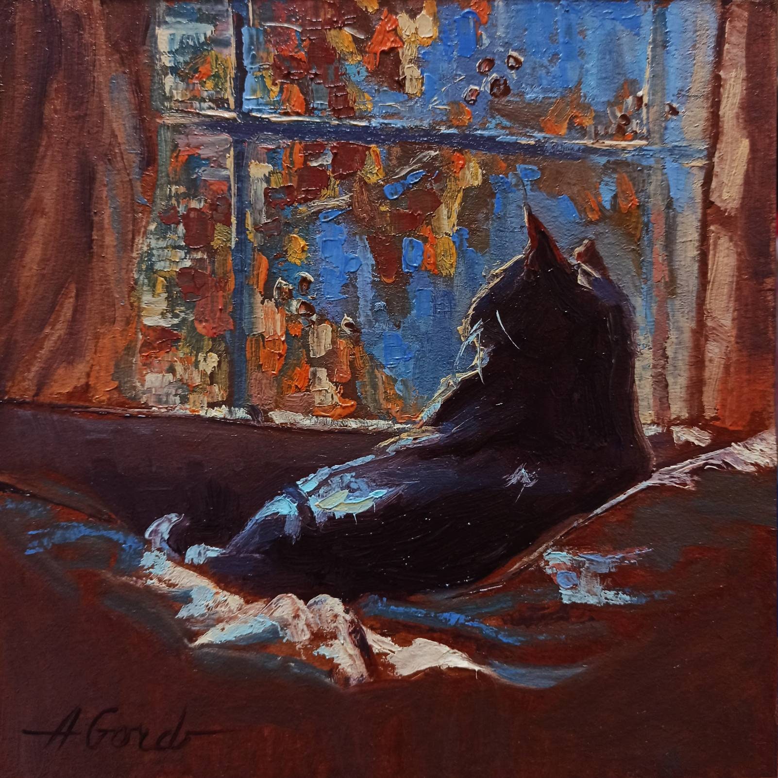 Cat Looking Out Window Painting