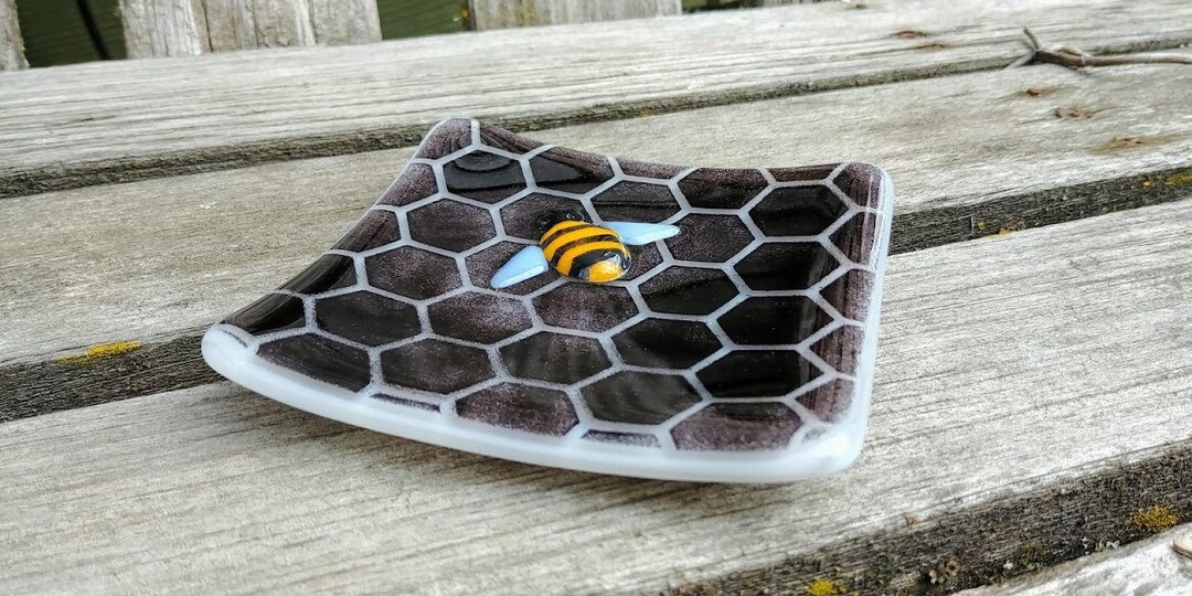 4 Inch Square Handmade Fused Glass Bee Insect Honeycomb Dish Black - Etsy