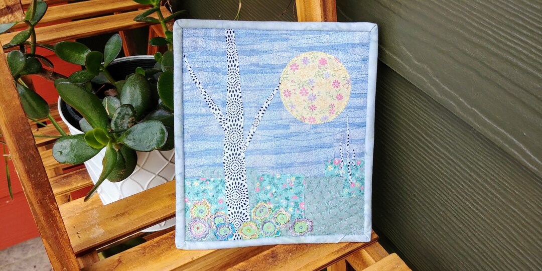 Pastel Birch Aspen Tree Moon Landscape Art Quilt Wall Hanging Quilted ...