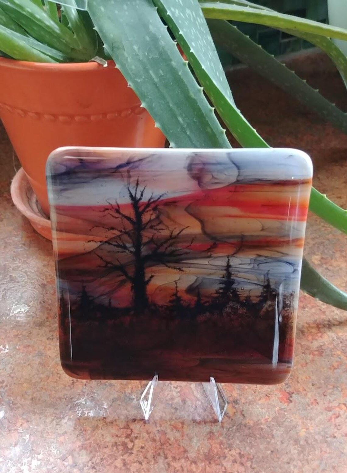 Fused Glass Tree Orange Sunset Sky Landscape Accent Tile Art - Etsy