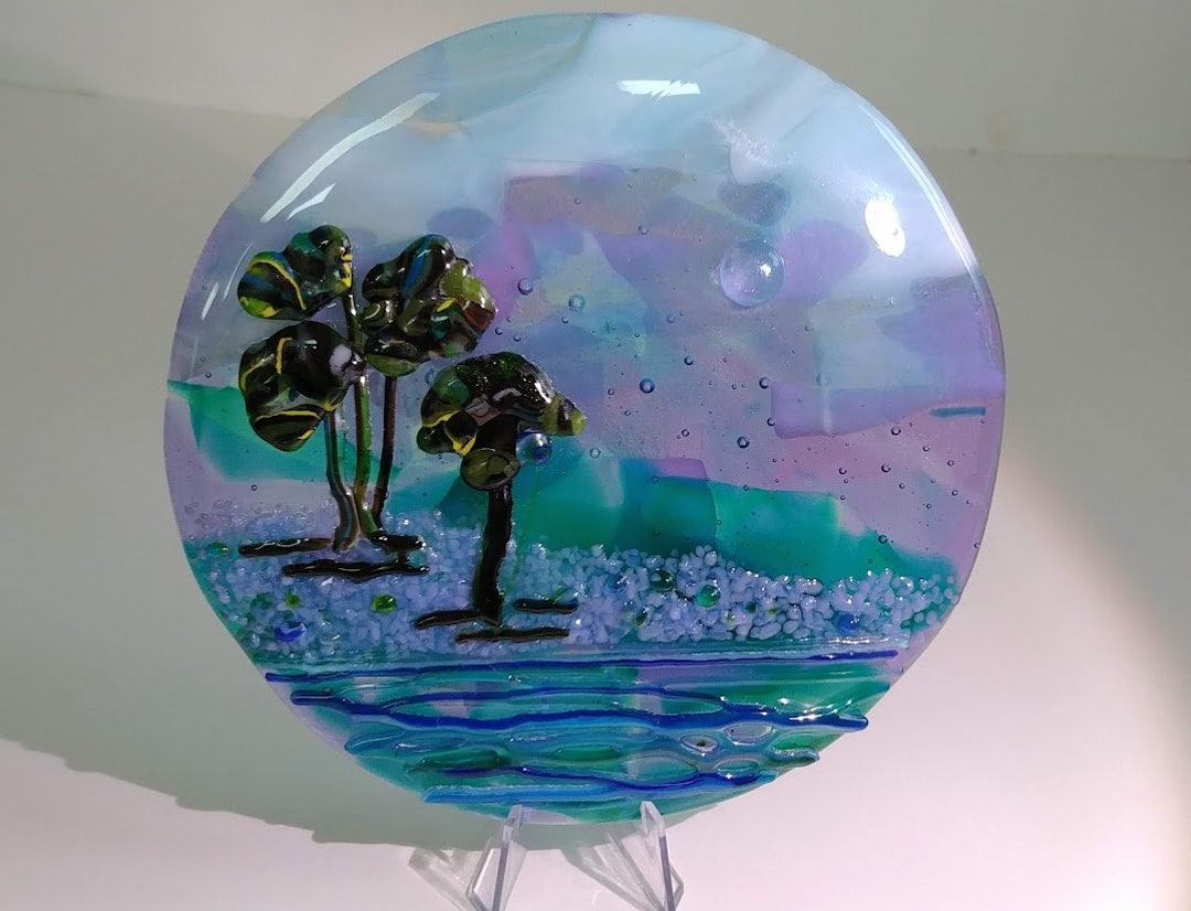Fused Glass Round Tree Moon Water Landscape Art - Etsy