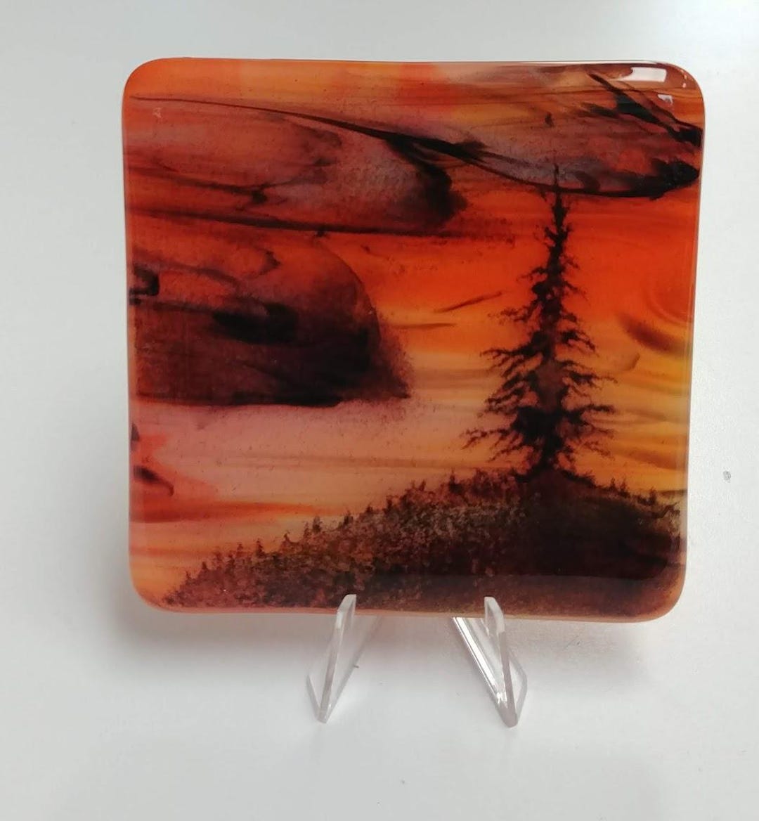 Fused Glass Tree Orange Sunset Sky Water Landscape Accent Tile Art - Etsy